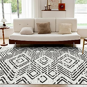 Syalife Boho Area Rug, Non Shedding 8x10 Washable Rug with Non Slip Backing, White and Black Modern Geometric Carpet, Indoor Bohemian Rug for Living Room Entryway Bedroom Kitchen - White, Black