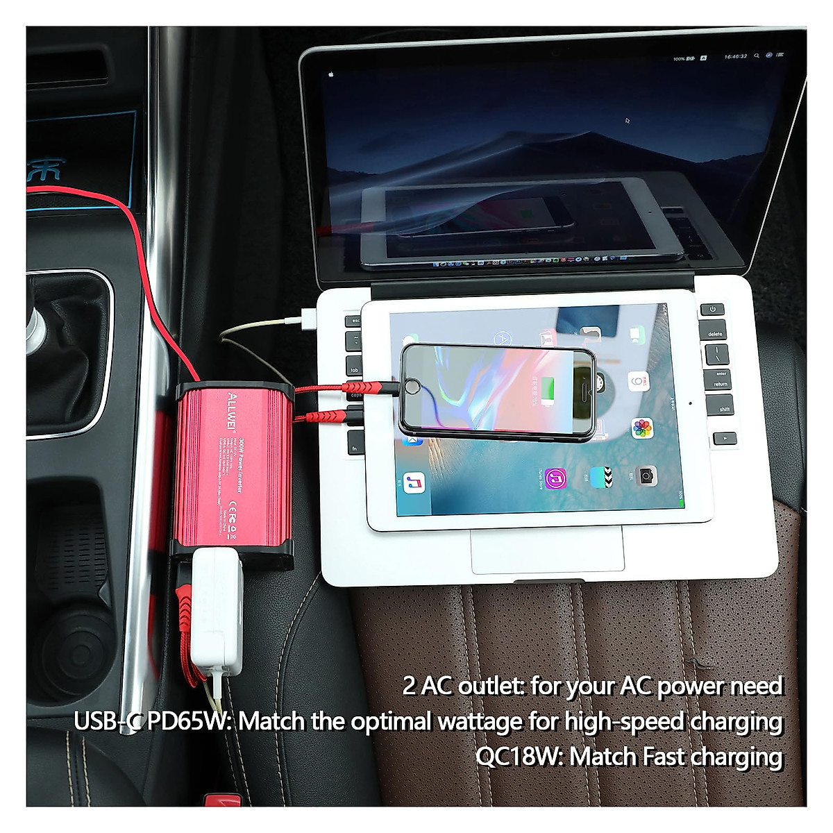 300W car Power Inverter with USB-C PD65W and 230W Power Voltage Converter 220V to 110V