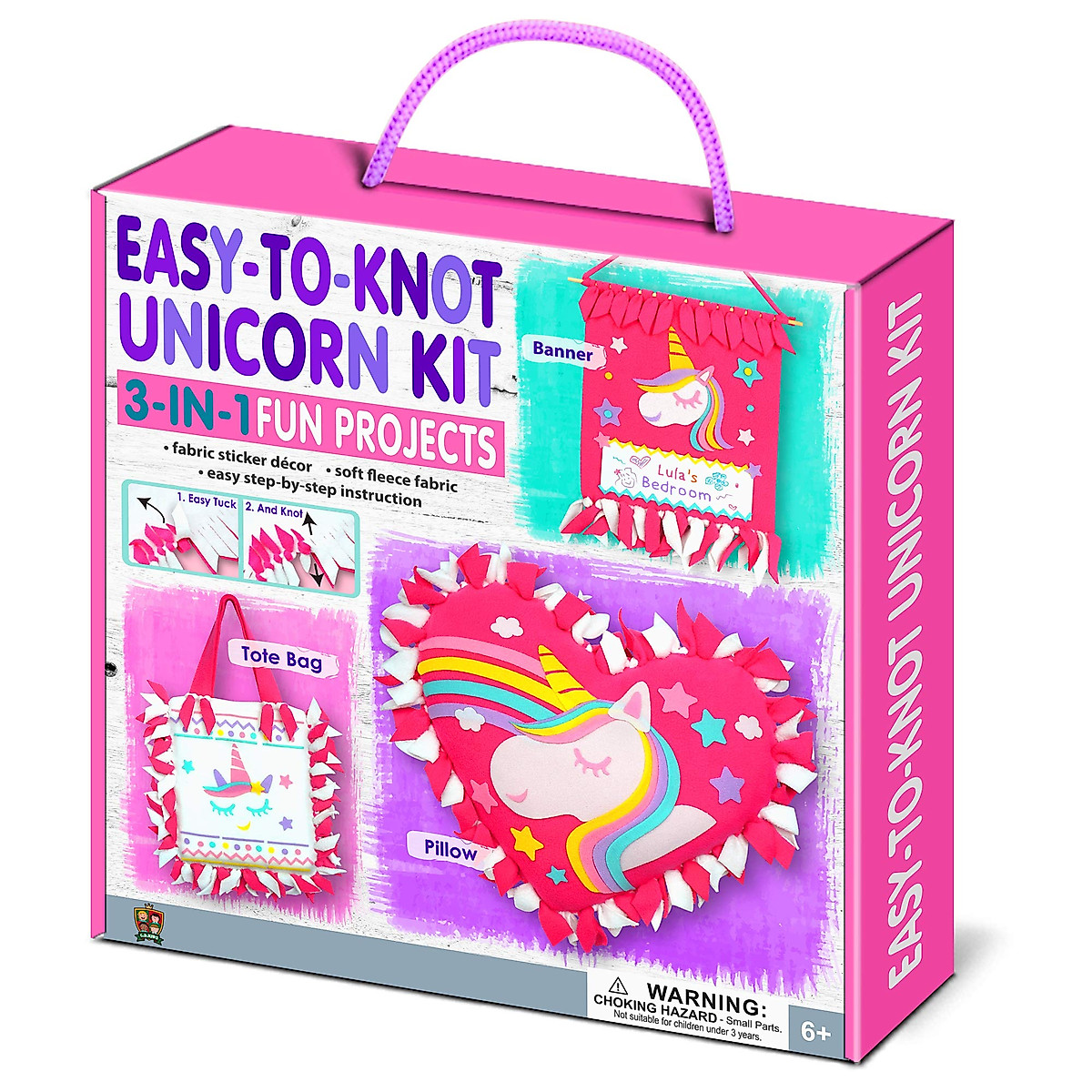C.S. Kids Easy-to-Knot Unicorn Themed 3 in 1 DIY Kit | Fun DIY Arts and Craft Gifts Make Your Own for Kids | Educational Guides to Create Knotted Tote Bag, Pillow and Banner