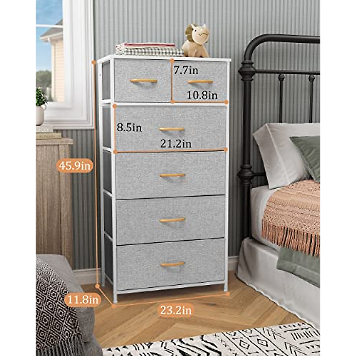 JOINHOM Dresser Storage Tower with Drawers, Fabric Tall Dresser Drawer for Bedroom, Office, Entryway, Living Room and Closet- Sturdy Steel Frame, Easy Pull Bins & Wooden Top