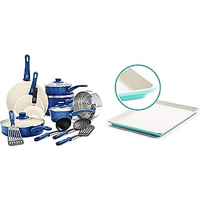 GreenLife Soft Grip Healthy Ceramic Nonstick, Cookware Pots and Pans Set, 16 Piece, Blue & Bakeware Healthy Ceramic Nonstick, Cookie Sheet, 18" x 13", Turquoise