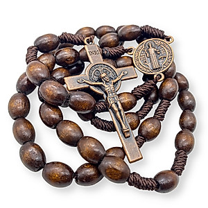 Nazareth Store St.Benedict Wood Beads Rosary Necklace Cord Beaded Catholic Rosary Saint Medal with Cross in Bronze Plating