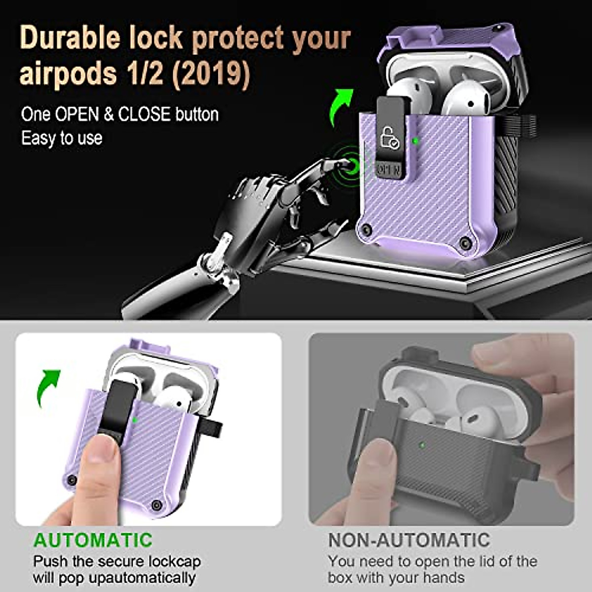 [5 in 1] Case for Airpods 2/1 with Lock, Carbon Fiber Secure Lock Clip PC+TPU Shockproof Protective AirPods Cover Case for Women for AirPod 1st and 2nd Gen with Fashion Candy Keychain(Purple)