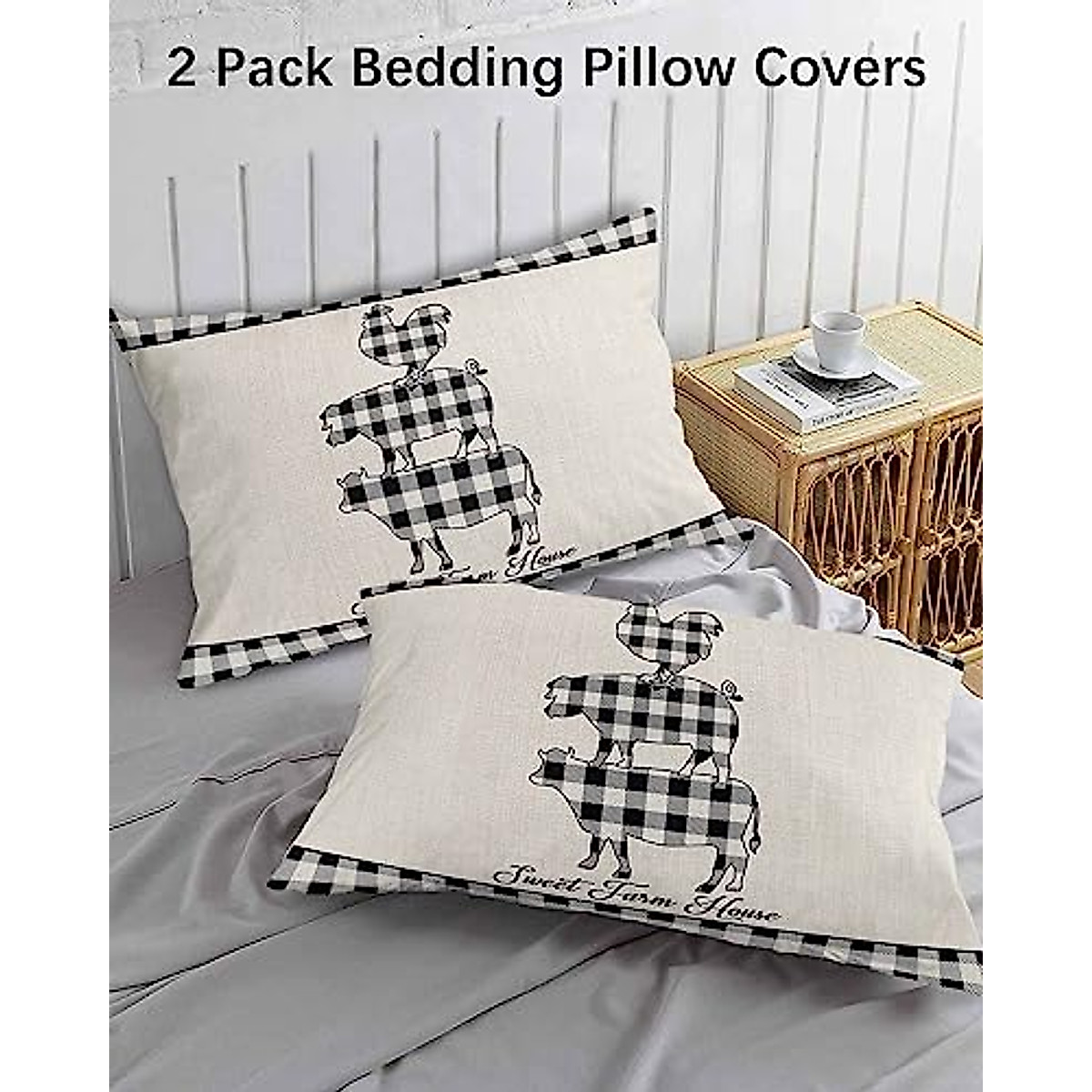 Edwiinsa Farmhouse Pig Cow Rooster Pillow Covers Standard Size Set of 2 20x26 Bed Pillow, Rustic Black White Plaid Burlap Plush Soft Comfort for Hair/Skin Cooling Pillowcases with Envelop Closure