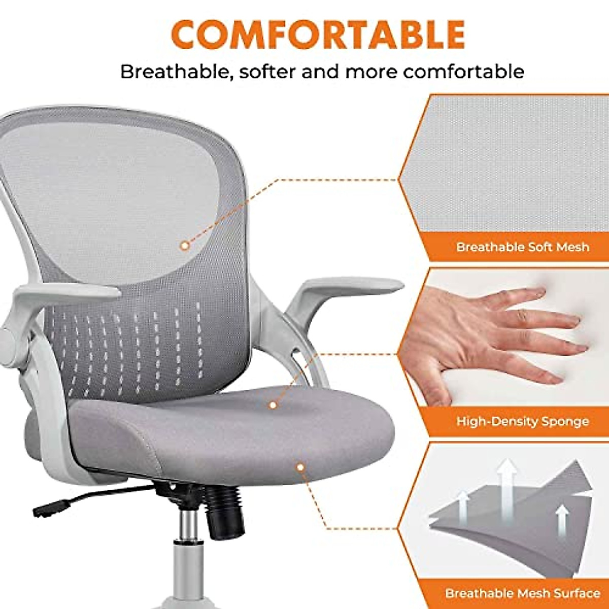 Sweetcrispy Task Swivel Rolling Lumbar Support/Flip-up Arms, Study, Bedroom Adjustable Height Home Office Desk Ergonomic Mesh Computer Chair, Grey