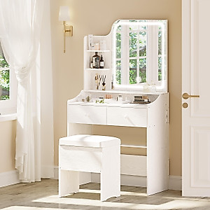 LIKIMIO Makeup Vanity Desk with Mirror and Lights, Vanity Table Set with Storage Drawer, Chair and Three Shelves, White