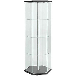 Coaster Home Furnishings 950276 Traditional Glass Hexagon Shaped Curio Cabinet with Three Round Shelves, 24" D x 24" W x 63.5" H, Black