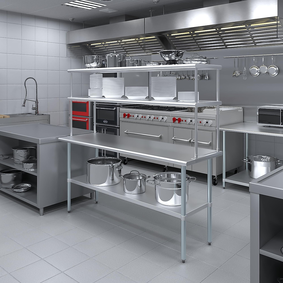 Amgood Stainless Steel Work Table Double Tier Overshelf | Metal Kitchen Prep Table & Shelving Combo (24" x 72" Work Table + 18" Overshelf)