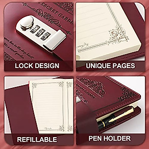 XIYUNTE Diary with Lock, A5 PU Leather Journal with Lock, Vintage Journal for Men and Women, locking Journals for Writing with Pen & Gift Box, Refillable Journal Notebook with Combination Lock, Red
