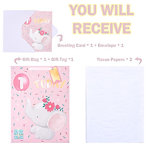 WRAPAHOLIC 16.5" Extra Large 1st Birthday Gift Bag with Card and Tissue Paper - Adorable Elephant Design for Baby Girl, Baby Shower, Party