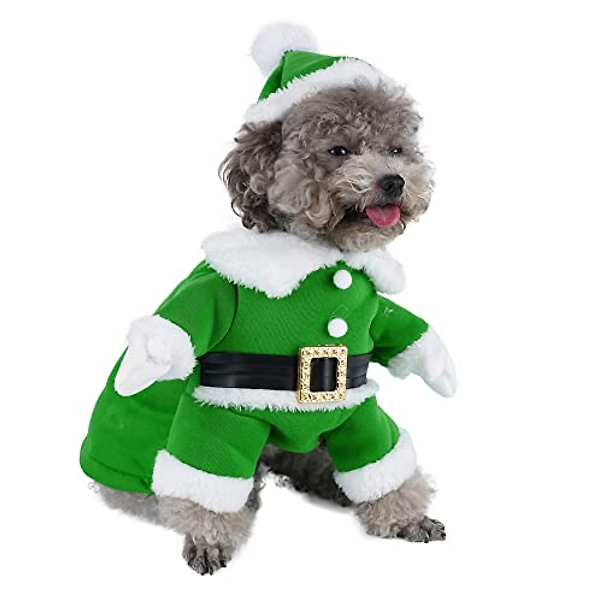 Mogoko Dog Cat Christmas Santa Claus Costume, Funny Pet Cosplay Costumes Suit with Cap, Puppy Fleece Outfits Warm Coat Animal Festival Apparel Clothes Green Size M for Small Breeds Dog