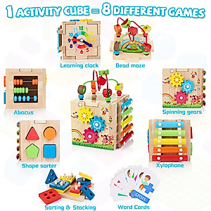 Bravmate Wooden Activity Cube | 8-in-1 Montessori Toys for 1 Year Old Toddlers Educational Toys for Boys Girls