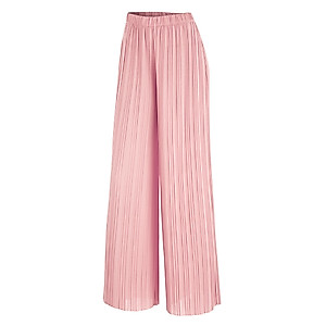 Lock and Love LL WB1795 Womens Casual High Waisted Pleated Wide Leg Palazzo Pants Trousers with Elastic Waist Band L Pink