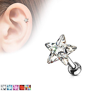 Covet Jewelry Star Crystal Top 316L Surgical Steel Cartilage, Tragus Barbell Studs (Lt. Blue)