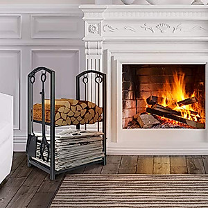 WBHome Firewood Rack with 4 Tools - Iron Fire Log Holder Storage Set Includes Brush, Shovel, Poker, and Tongs, 17 x 29 x 12 inches, for Indoor/Outdoor