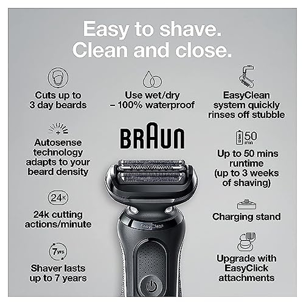 Braun Electric Razor for Men, Waterproof Foil Shaver, Series 5 5050cs, Wet & Dry Shave, With Beard Trimmer and Body Groomer, Rechargeable, Charging Stand Included, Blue