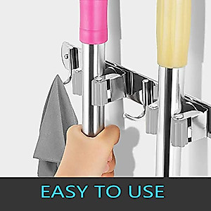 Nuulyycyi Broom and Mop Holder Wall Mounted, Broom Hanger, Broom Holder, Stainless Steel Heavy Duty Broom Racks for Laundry Room, Garage, Garden, Bathroom (2 Racks 3 Hooks)
