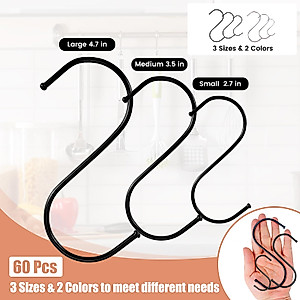 60 Pack S Hooks for Hanging: 3 Size S Hooks Heavy Duty Black 2.7/3.5/4.7 inches
