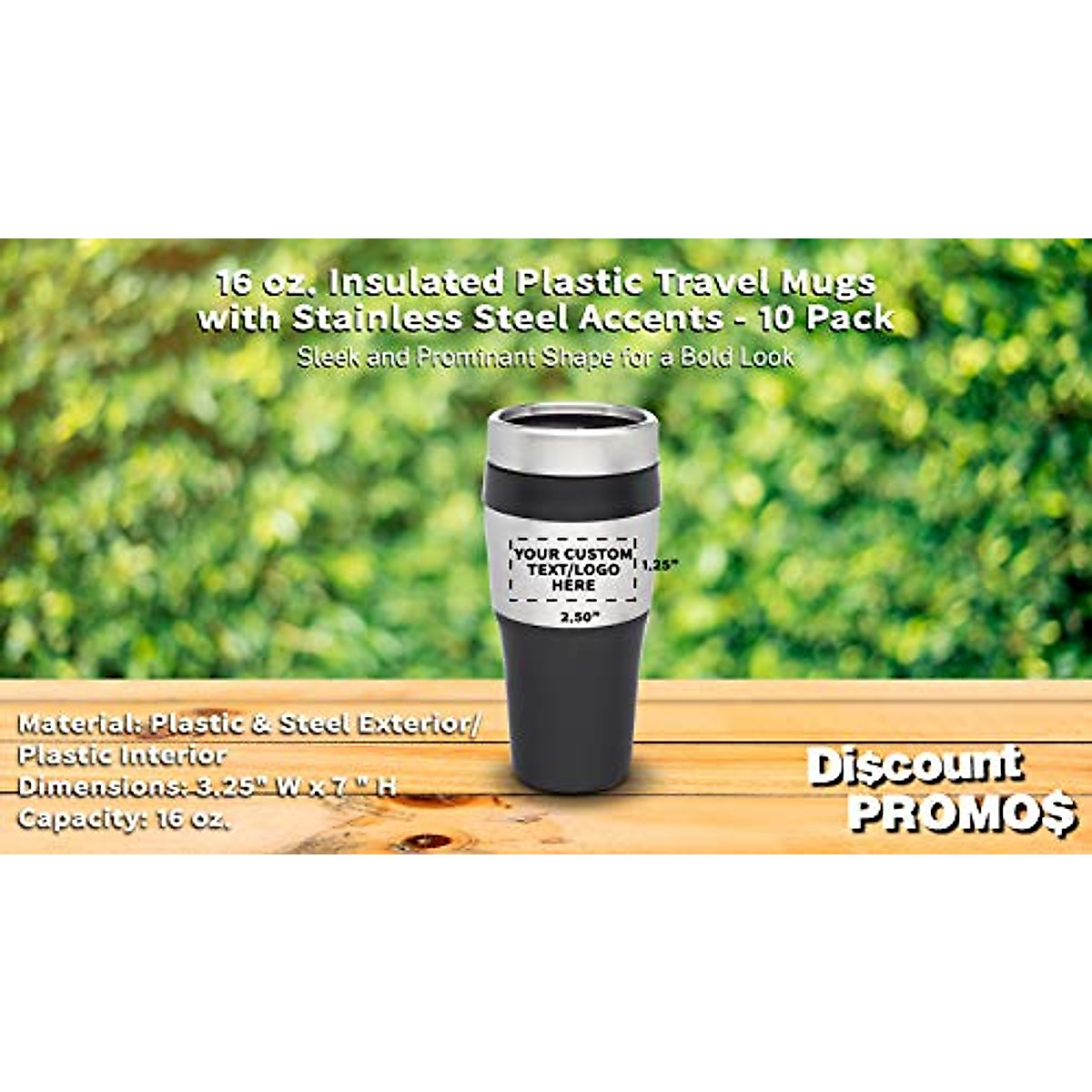 Personalized 16 oz. Insulated Plastic Travel Mugs - 10 Pack - Custom Text, Logo - Stainless Steel