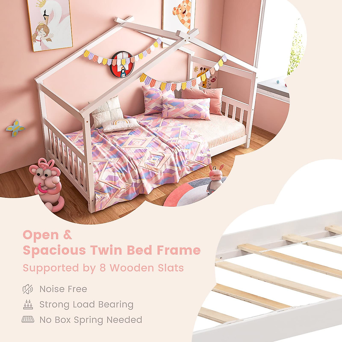 Giantex House Bed Twin, Solid Wood Kids House Bed with Roof, Headboard and Footboard, Low Floor Twin Bed Frame for Toddlers Teens Girls Boys, No Box Spring Needed, White