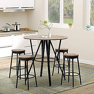 HOMCOM 5-Piece Bar Table and Chairs Set with Swivel Seat, Industrial Round Kitchen Table and 4 Bar Stools for Pub, Dining Room, Light Brown