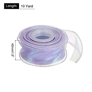 MECCANIXITY 1 1/2" Wide Sparkly Sheer Wired Organza Ribbon Pastel Shimmer Iridescent Chiffon Ribbons 10 Yard Lavender Purple for Gift Wrapping Bouquet Wedding Bows