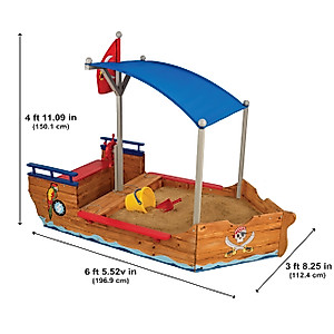 KidKraft Wooden Pirate Sandbox with Canopy, Covered Children's Sandbox, Outdoor Furniture - Blue & Red, Gift for Ages 3-8