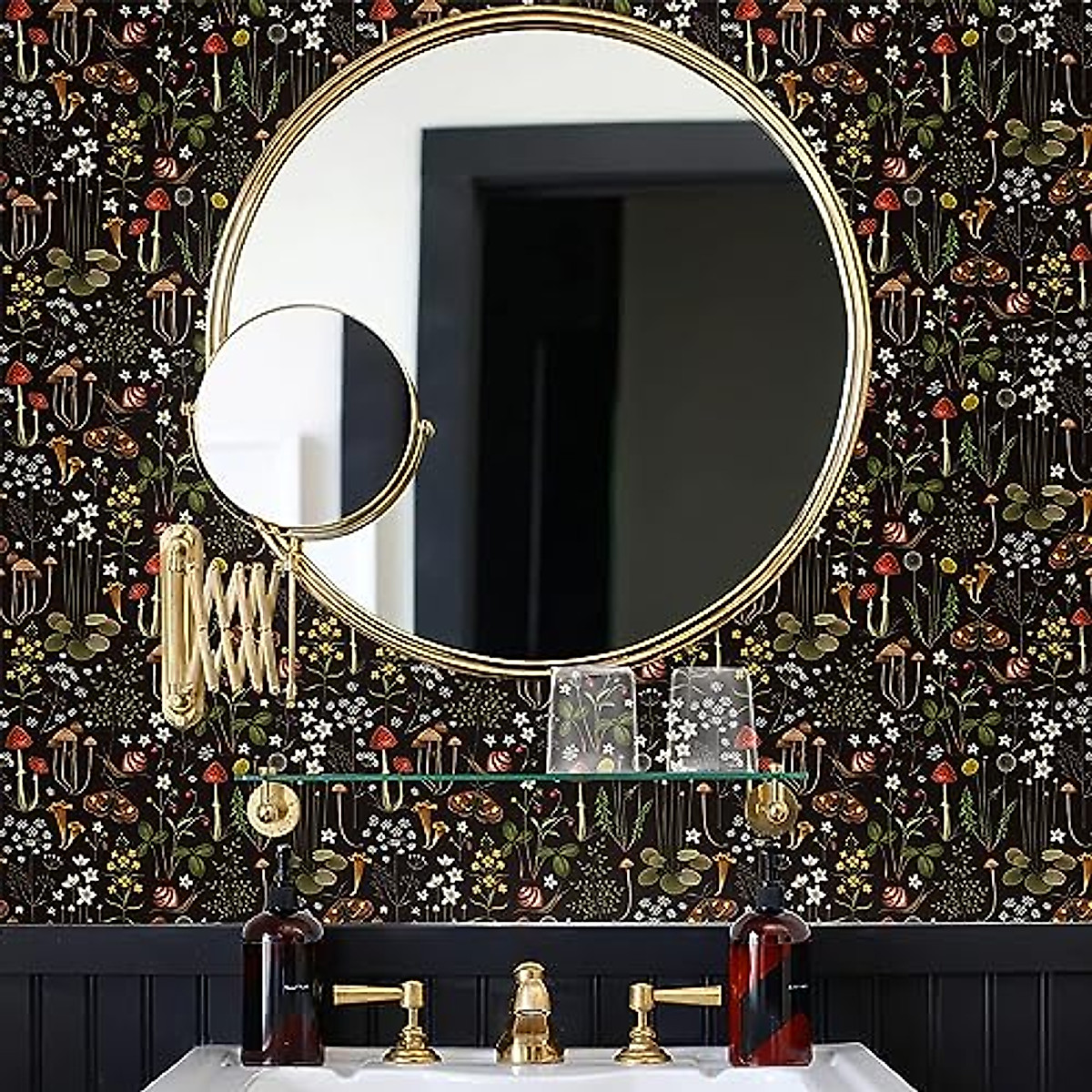 BEETAL Fairytale Forest Boho Mushroom Peel and Stick Wallpaper Dark Black Esay Peel Off Contact Paper Vintage Self Adhesive Removable Stick on Wall Paper for Kitchen Cabinet Furniture Renter Friendly