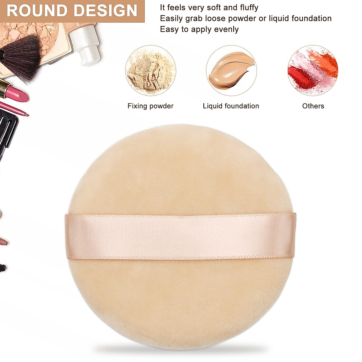 12 Pieces Cotton Powder Puff,3.15 inch Round Portable Soft Sponge Cosmetic Puffs,Velvet Powder Puff with Ribbon Band Handle for Loose Powder Body Powder Makeup Tool
