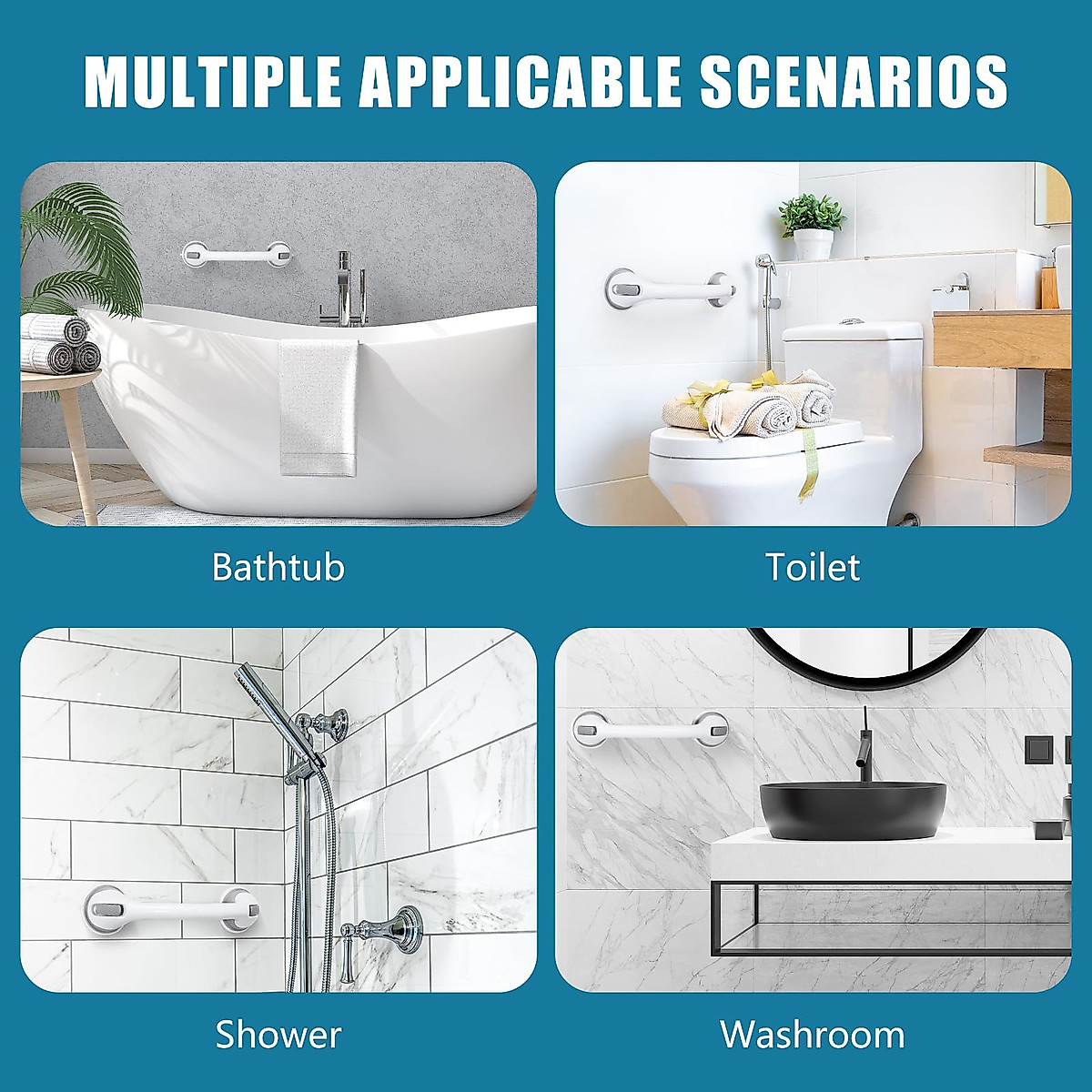 Reyiu Grab Bars for Bathtubs and Showers, 16 Inch Shower Handle Heavy Duty Suction Cup Grab Bars for Shower Chair, Bathroom Safety Bar for Elderly (2 Pack)