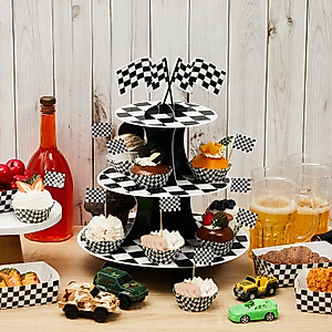 3 Sets Race Car Party Decorations 3 Tier Round Cardboard Cupcake Stand for Racing Cars Birthday Party Supplies 100 Checkered Baking Cups Liners 100 Race Car Flag Black and White Fast Party Decorations