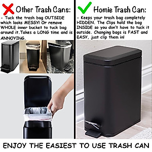 Homie Soft Close, Slim Trash Can 3.6 Gallon with Anti - Bag Slip Liner and Lid, Use as Mini Garbage Basket, Slim Dust Bin, or Decor in Bathroom, Restroom, Kitchen, or Bedroom (Matte Black)