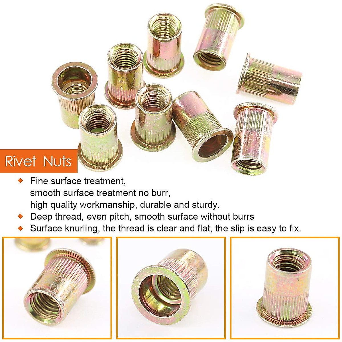 Rustark 50-Pcs 1/2''-13UNC Mixed Zinc Plated Carbon Steel Rivet Nut Flat Head Insert Nutsert Assortment Kit