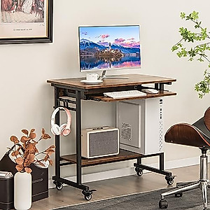 Tangkula Rolling Computer Desk Cart with Keyboard Tray, Mobile Portable Laptop PC Desk with CPU Stand & 3 Hooks for Sofa & Bed, Industrial Small Desk on Wheels for Small Spaces, Home Office Desk