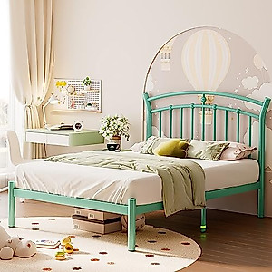 Feonase Twin Size Metal Platform Bed Frame with Retro Headboard, Hardened Steel Tube, 12" Under-Bed Storage, No Box Spring Needed, Easy Assembly, Mint Green