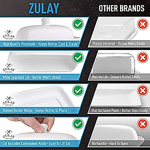 Zulay Porcelain White Butter Dish With Lid For Countertop - Classic Style Ceramic Butter Dishes With Lid & Knob Handle - Standard Butter Holder for Storing 1 Western Or Eastern Butter Stick