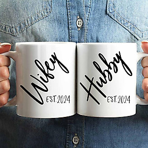 Est 2024 Gift for Husband & Wife Coffee Mug, 2024 Hubby Wifey Mug Wedding Gift, Mr and Mrs Bridal Shower Gift Unique Wedding Gift for Couple Set of 2 Mug (white)