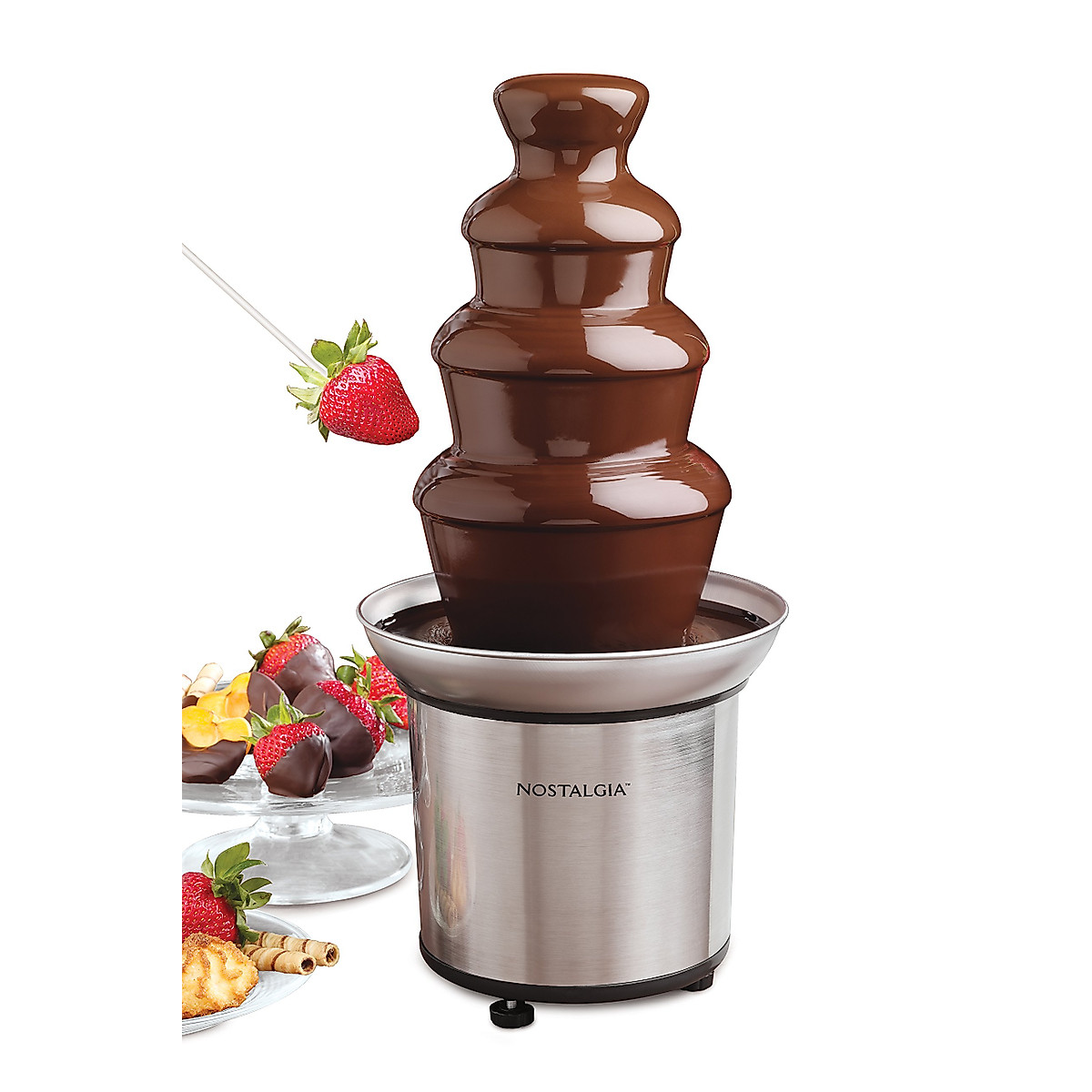 Nostalgia CFF986 32-Ounce Stainless Steel Chocolate Fondue Fountain, 2-Pound Capacity, Easy to Assemble 4 Tiers, Perfect For Nacho Cheese, BBQ Sauce, Ranch, Liqueurs