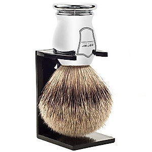 Parker 100% Silvertip Badger Bristle Shaving Brush-Chrome Handle with 3-Band-Silvertip Badger Hair Bristles - Extra Dense and Soft Bristles -Parker Shaving Brush Stand Included