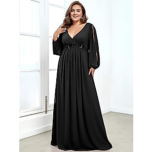 Ever-Pretty Plus Women's Plus Size A-line Floor-Length Long Sleeves V Neck Formal Party Dress Black US20