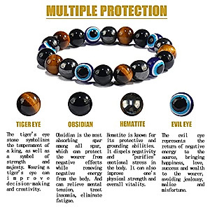 mens beaded bracelets（evil eye, tigers eye,hematite, obsidian）A handmade beaded crystal healing bracelet that can bring luck, happiness and protection(10mm elastic)