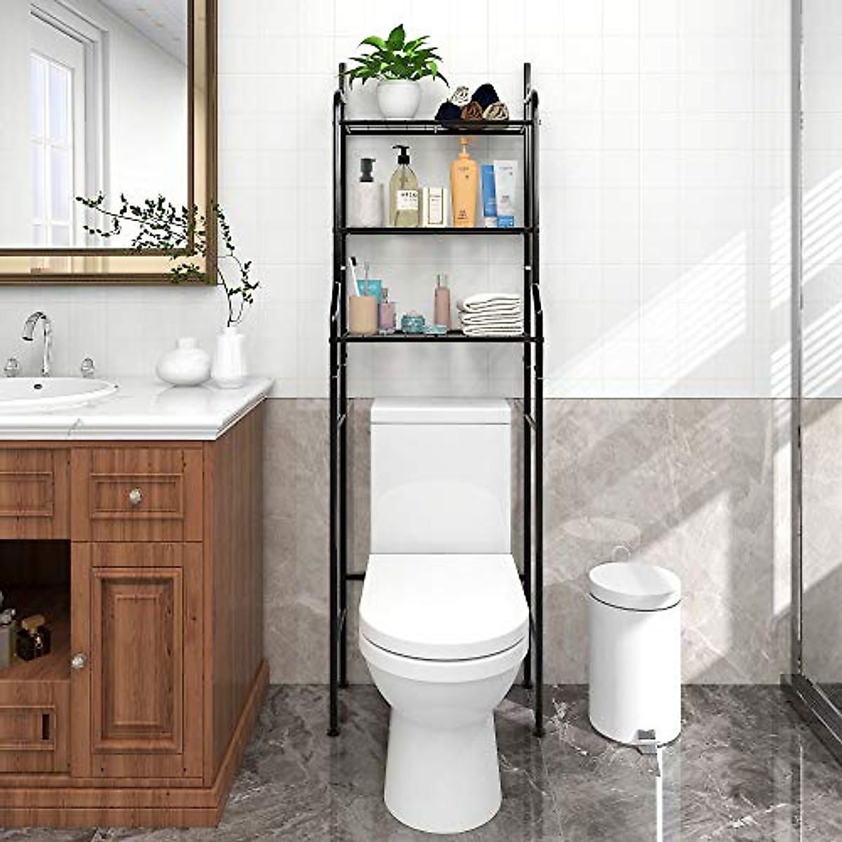 HAHRIR 3-Shelf Bathroom Organizer Over The Toilet Space Saver Bathroom Corner Stand Storage Organizer, Black