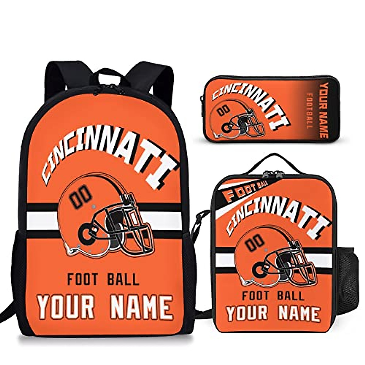 Jwpibuk Personalize Backpack with Lunch Box Pen Case Cincinnati Customized Name Number Bags 3 Piece Set for Girls Boys