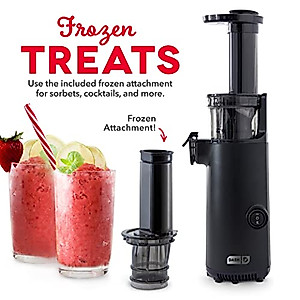 DASH Deluxe Compact Masticating Slow Juicer, Easy to Clean Cold Press Juicer with Brush, Pulp Measuring Cup, Frozen Attachment and Juice Recipe Guide - Black