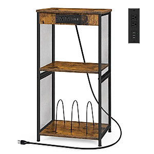 ETELI Record Player Stand with Album Storage Vinyl Record Storage Table with Power Outlet 3 Tier Turntable Stand Industrial Side Table for Living Room Bedroom Office, Brown