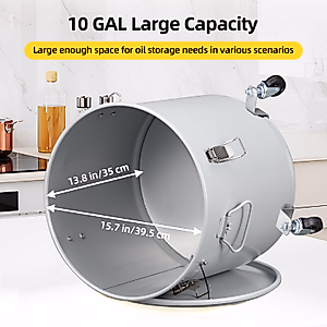 PioneerWorks Fryer Grease Bucket 10 Gal, Coated Carbon Steel Oil Filter Pot with Caster Base, Oil Disposal Caddy, Transport Container with Lid Lock Clip Nylon Filter Bag, Silver