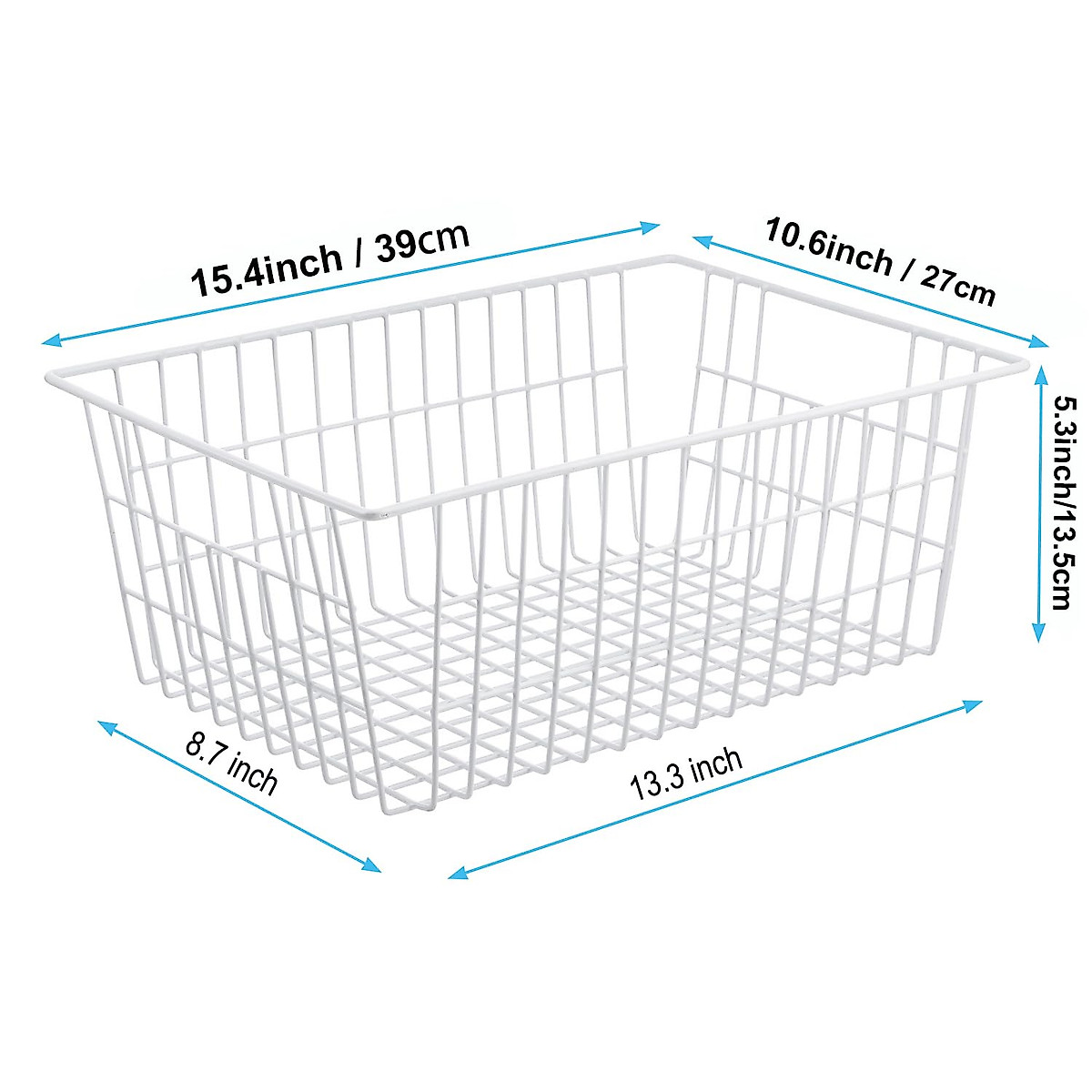 iPEGTOP Wire Storage Freezer Baskets, Set of 2 Large 15.2" Farmhouse Organizer Storage Bins Fridge Basket Rack with Handles for Kitchen Cabinets, Pantry, Office, Bathroom Organization- White