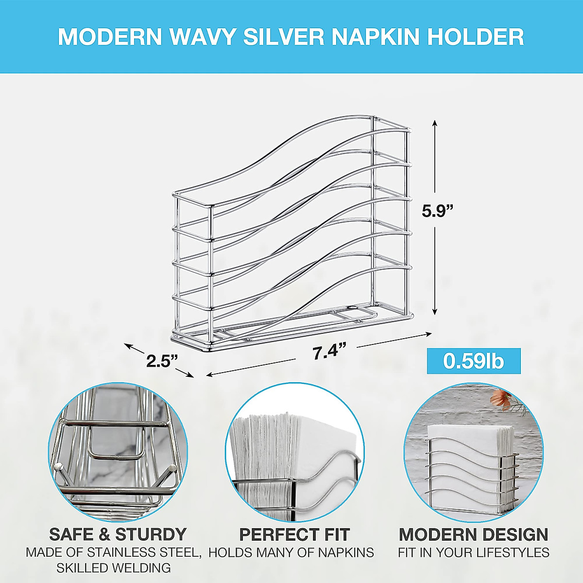 LEVIMETREE Silver Napkin Holder - Napkin Holders for Tables Modern Serviette Holder Tissue Dispenser Perfect for Outdoor Events - Decorative Clear Cocktail Napkin, servilleteros para mesas