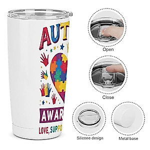 Autism Awareness Heart 20 OZ Stainless Steel Tumbler Travel Car Coffee Mug with Straw Lid Cleaning Brush Coffee Tumbler Mug for Women Men