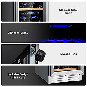 ORALNER 15“ Dual Zone Wine Cooler Refrigerator, 30-Bottle Built-in Beverage Wine Fridge w/Removable Wooden Shelves, Lockable Glass Door, Blue LED Interior Lights, Drink Wine Cellar for Kitchen Bar